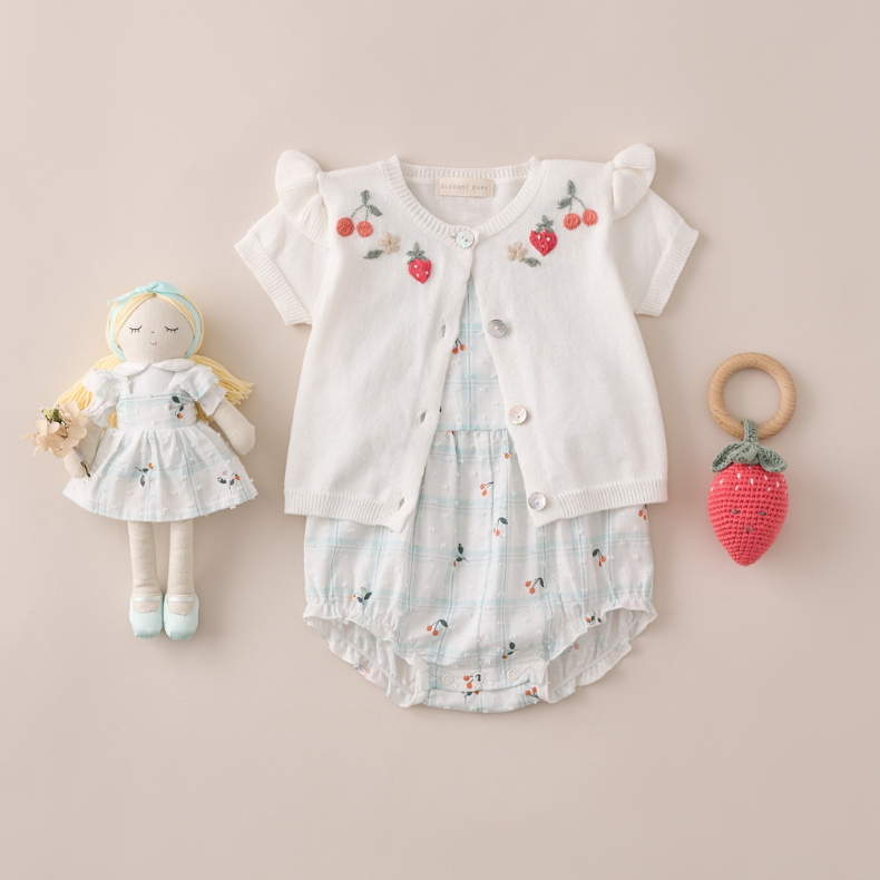 Strawberry Flutter Sleeve Hand-Embroidered Baby Cardigan – Elegant Baby