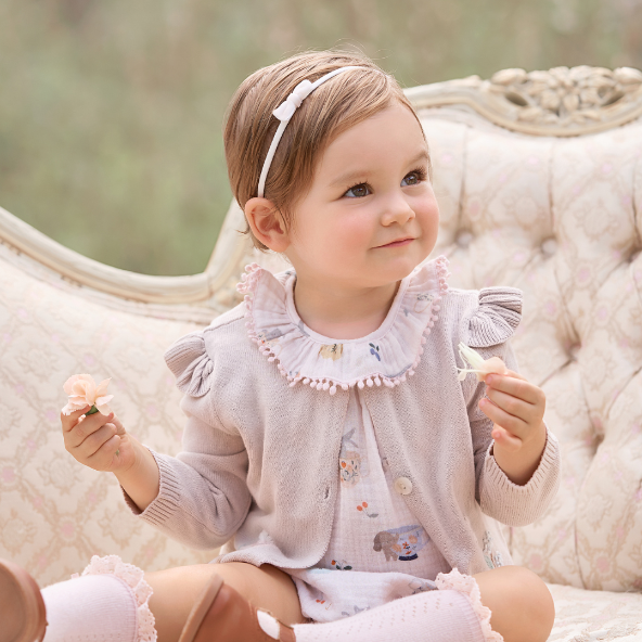 Taupe Flutter Sleeve Hand-Embroidered Baby Cardigan – Elegant Baby