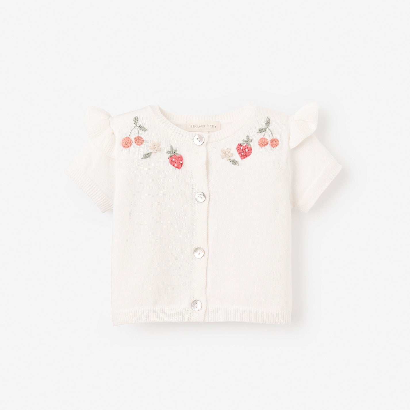 Strawberry Flutter Sleeve Hand-Embroidered Baby Cardigan – Elegant Baby